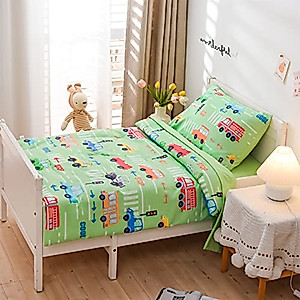 A Nice Night 4PCS Toddler Bedding Set, Transport Vehicles Cars Pattern, Comforter Sets,Includes Comforter, Flat Sheet, Fitted Sheet and Pillowcase,Green