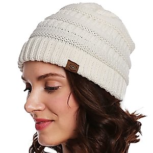 Tough Headwear Womens Winter Hat - Warm Chunky Cable Knit Beanies - Winter Beanie Hats for Women Cold Weather - Beanies Women White