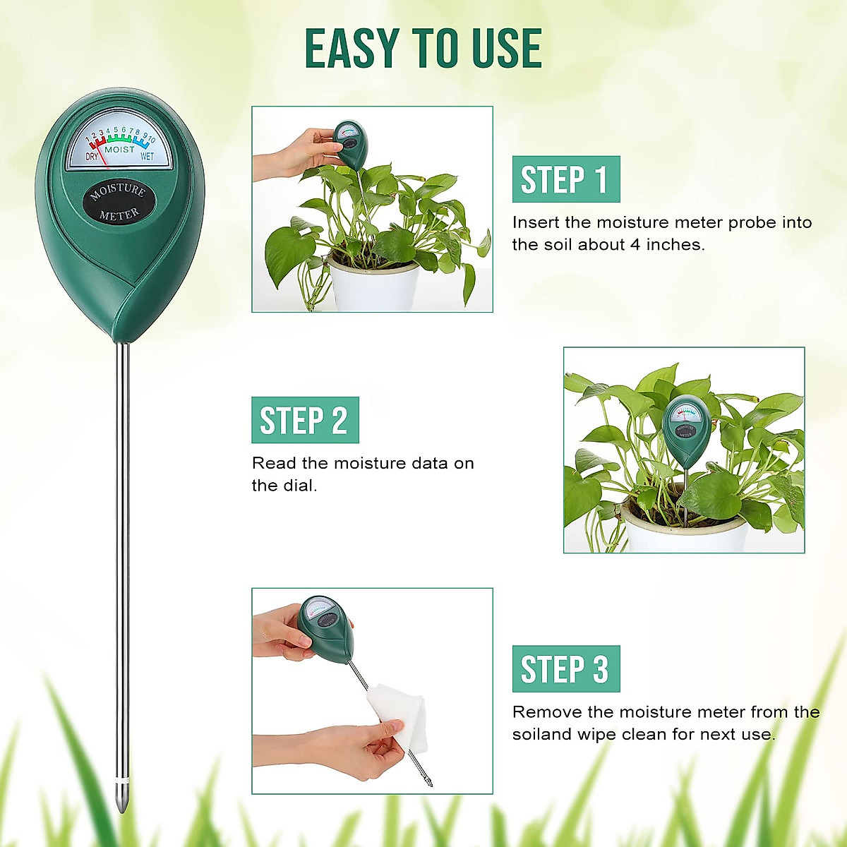 4 Pack Soil Moisture Meter 15.8 Inch Long Probe Deep Use Soil Moisture Meter Sensor Plant Water Meter Soil Tester Test Kit for Garden Yard Lawn Farm Indoor Outdoor Use