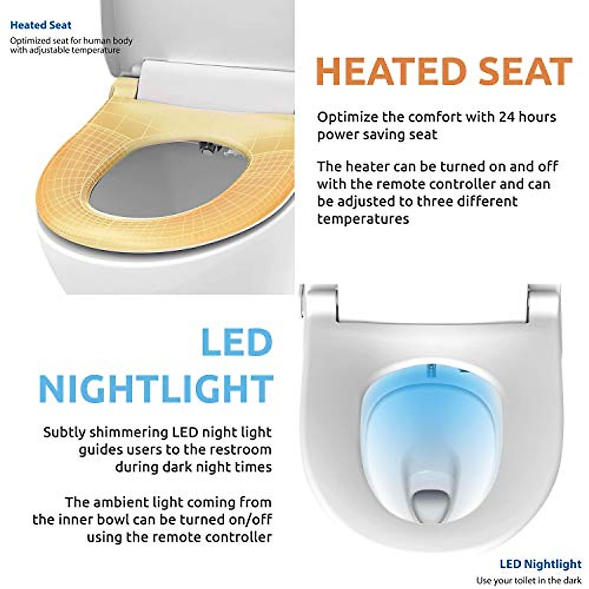 VOVO VB-6100SR Electric Smart Bidet Toilet Seat with Dryer, Heated Toilet Seat, Warm Water, LED Nightlight, Self Cleaning Nozzle - White, Round