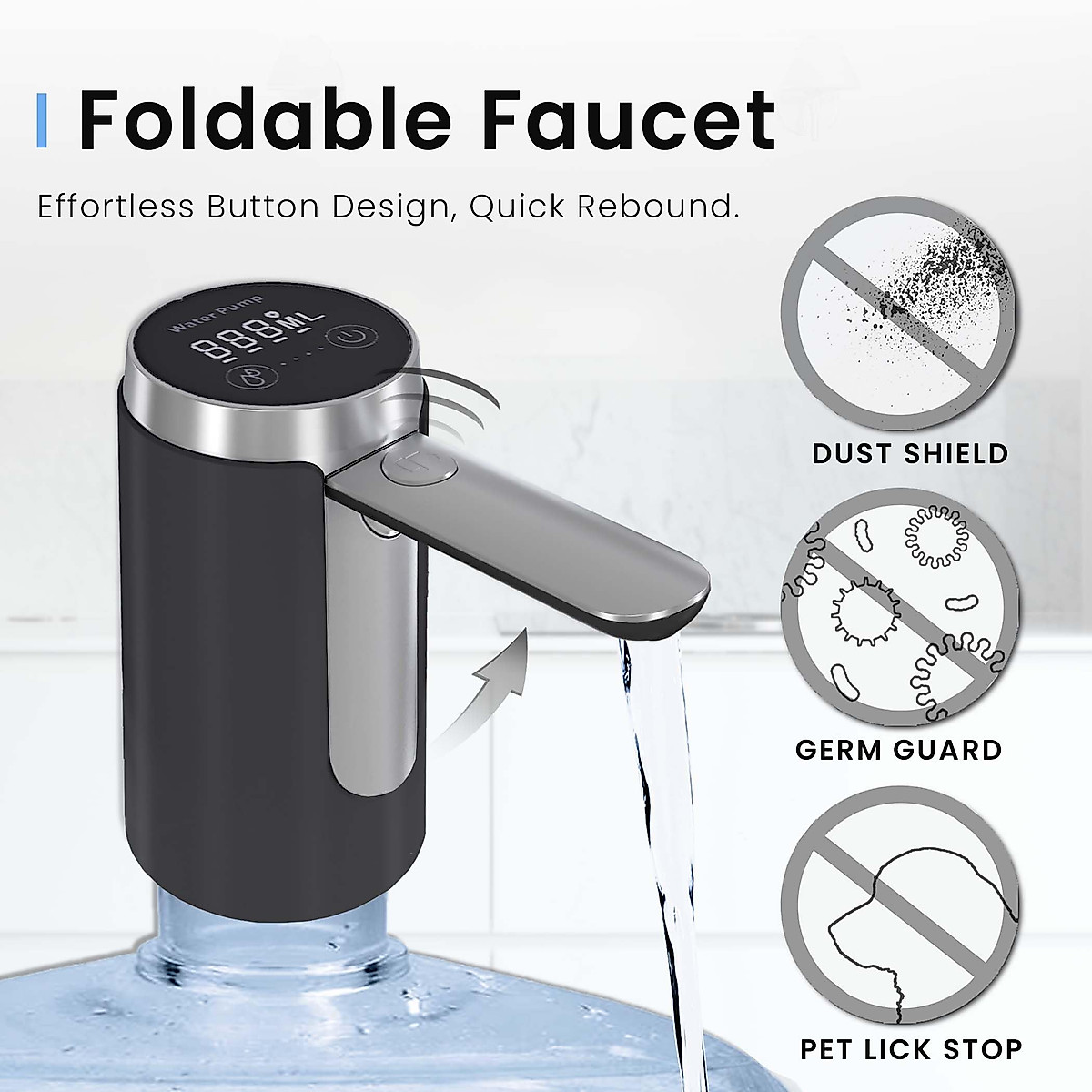 KIARYUOLL Water Dispenser for 5 Gallon Bottle, Rechargeable Water Pump - Foldable Water Spout for 5 Gallon Bottle, Long-Lasting,Smart LED Display, Portable Water Dispenser for Home & Outdoor (Black)