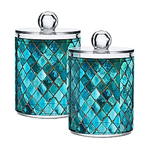 Kigai 2PCS Blue Glass Mosaic Qtip Holder Dispenser with Lids - 14 oz Bathroom Storage Organizer Set, Clear Apothecary Jars Food Storage Containers, for Tea, Coffee, Cotton Ball, Floss