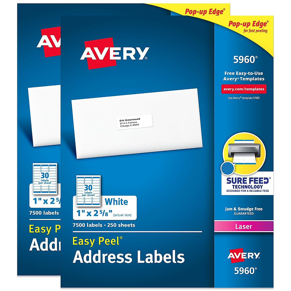 Avery Easy Peel Printable Address Labels with Sure Feed, 1" x 2-5/8" Customizable Stickers, White, 15,000 Blank Mailing Labels, Great for Mailing, Shipping, and More (2-Pack of 5960)
