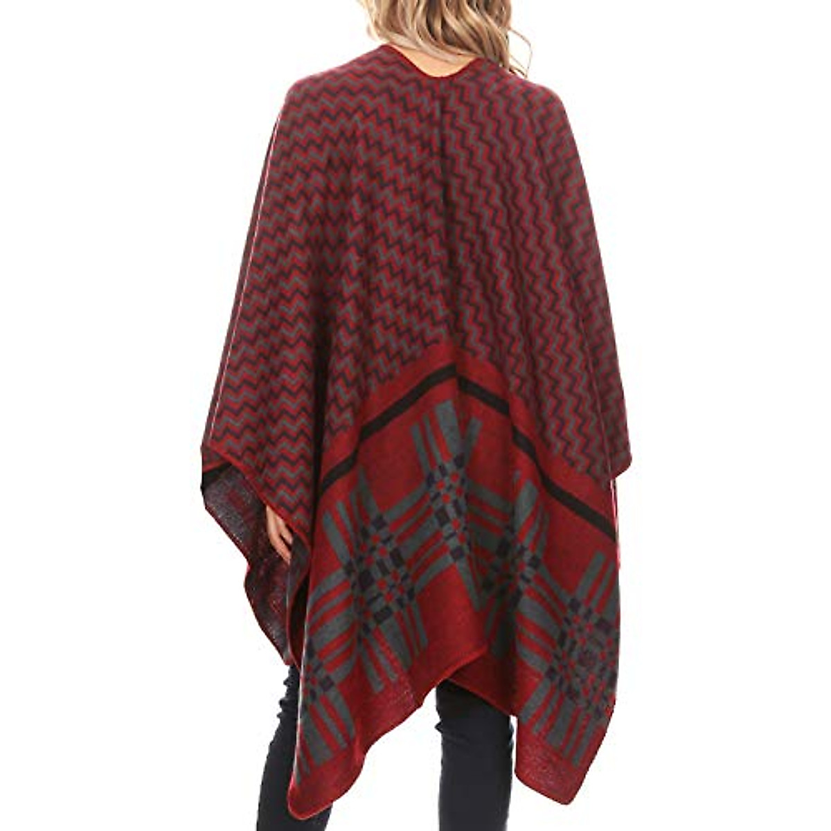 Sakkas 1928 - Lupe Womens Reversible Poncho Wrap Cape Shawl Sweater Coat Cardigan Pattern - Zigzag Burgundy - OS