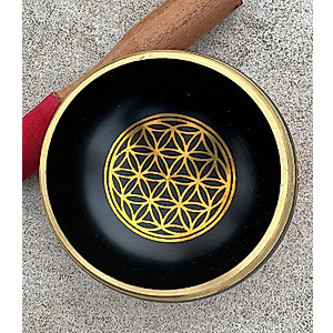 Tibetan Flower Of Life Singing Bowl Mallet Cushion Set ~ For Meditation, Yoga, Spiritual Healing and Mindfulness ~ Medium (Black)