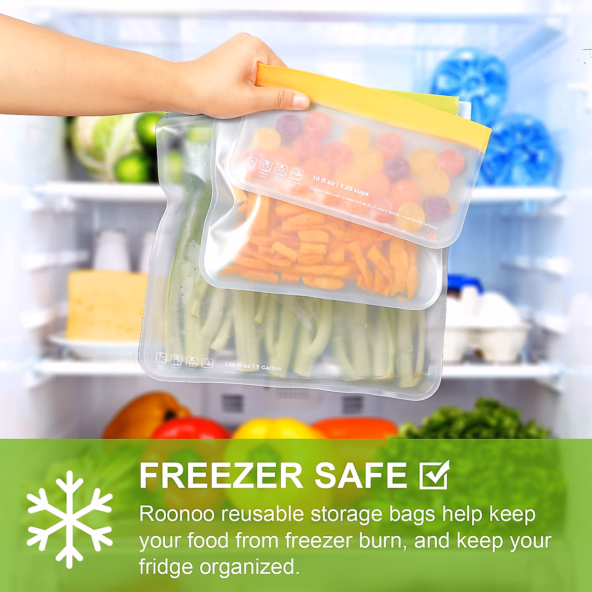 Roonoo 10 Pack Dishwasher Safe Reusable Snack Bags, Reusable Storage BPA Free Freezer Bags, Leakproof Bags Food Storage