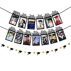 2022 Graduation Photo Banner Party Supplies, Glitter Graduation Photo Banner and Glitter Graduation Cap Star Garland Banner, Kindergarten to 12th Grade Graduation Picture Banner, 2022 Graduation Decorations