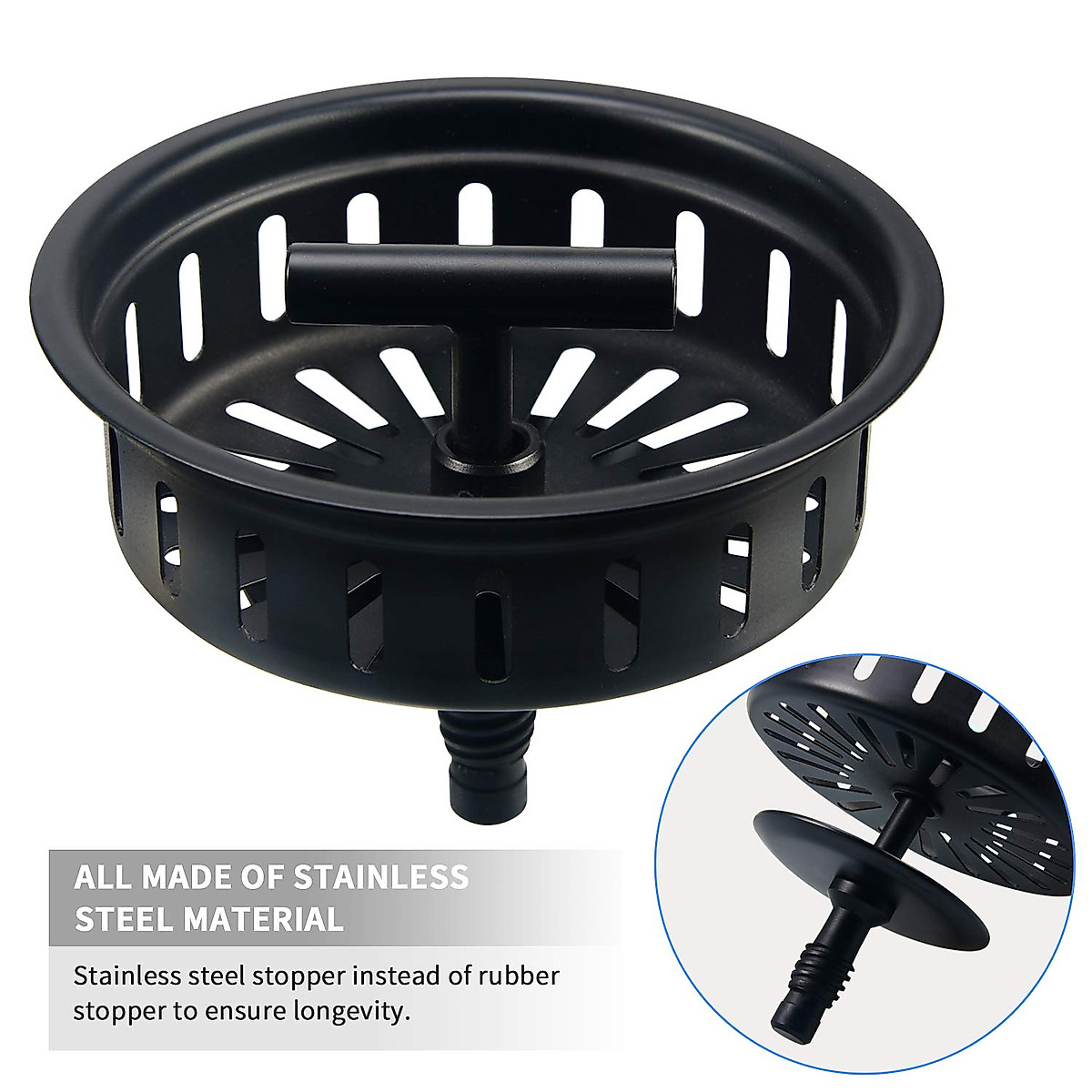 KONE Black Kitchen Sink Drain Matte Black Sink Strainer 3-1/2 Inch Drain Assembly Kit Replacement for Universal 3.5 Inch Kitchen Sink, All Stainless Steel Body with Strainer Basket and Drain Stopper