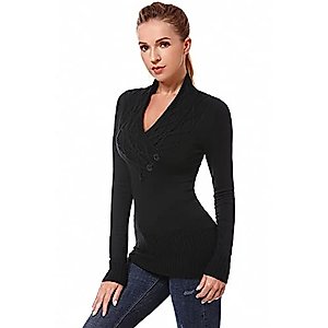 AmélieBoutik Women Crossover Cable Knit V Neck Long Sleeve Pullover Sweater (Black Medium)
