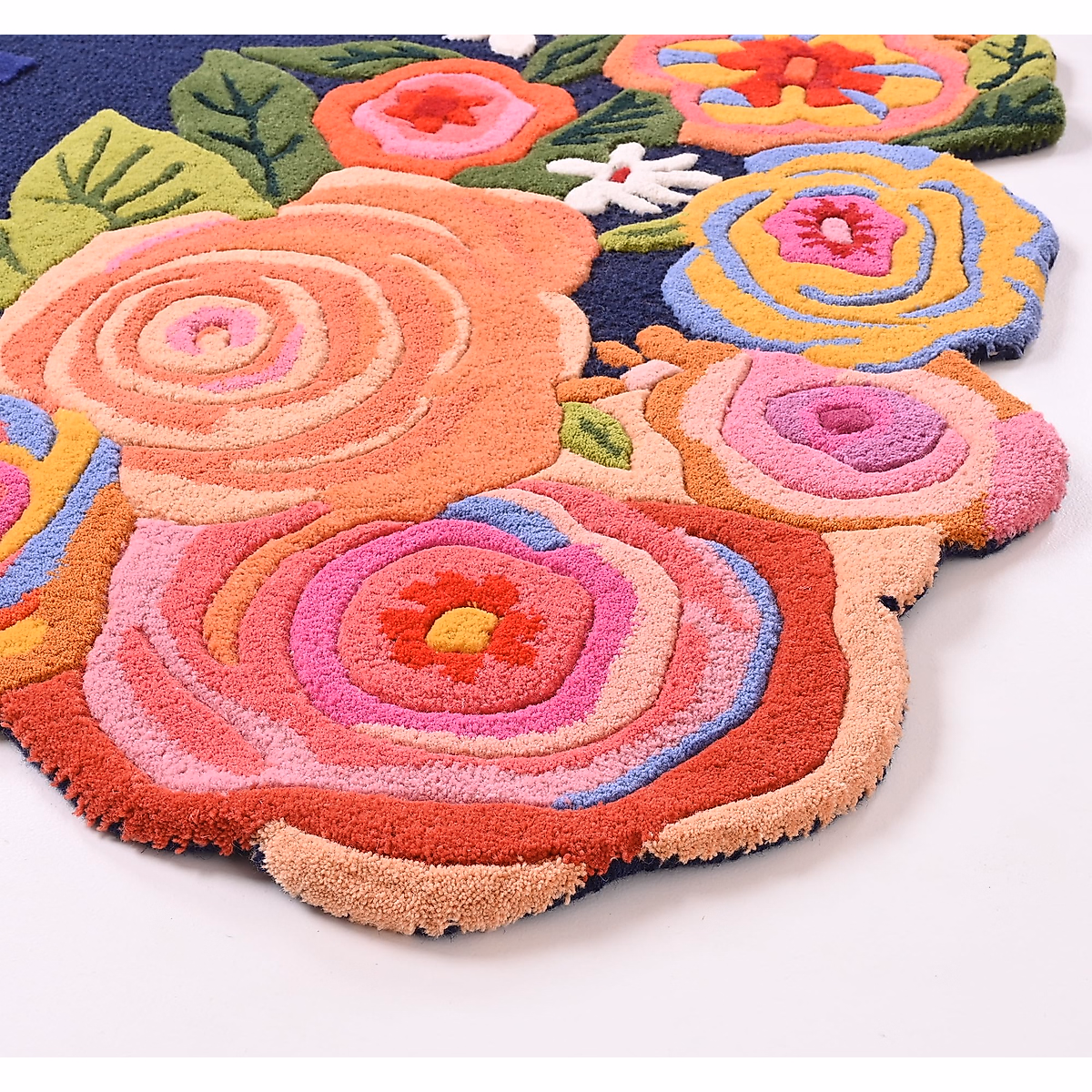 Handmade Colorful Roses Floral Wool Area Rug | Irregular Shape, Blossom & Vibrant Multi-Colored Garden Flower Pattern | Thick & Soft Carpet for Living, Bedroom & Kitchen Deco (Navy, 5' x 8')