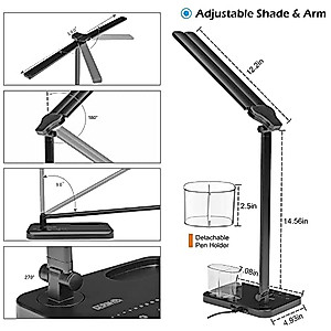 GERINTECH Dual Shade LED Desk Lamp with USB Charging Port & Pen Holder, Bright Table Lamp with Auto Shut-Off Timer, 10 Adjustable Brightness, 5 Color Modes (Black)