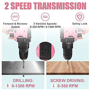 COMOWARE Pink Power Drill, 20V Pink Cordless Drill, Pink Drill Set for Women, 1 Battery & Charger, 3/8" Keyless Chuck, 2 Variable Speed, 0-350 & 0-1300 RPM, 25+1 Position and 34pcs Drill/Driver Bits
