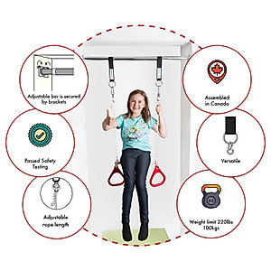 DreamGYM Doorway Sensory Swing Kit - Blue Compression Swing and Trapeze Bar with Red Gym Rings Combo