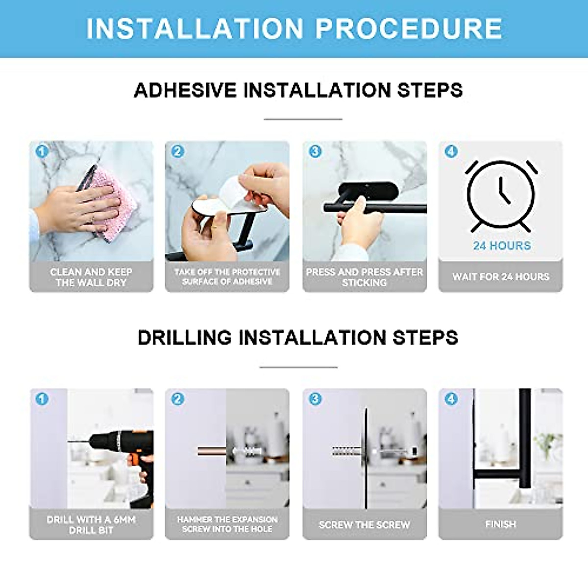 ASTOFLI Paper Towel Holder Under Cabinet, Self Adhesive and Drilling Paper Towel Holder Wall Mount, Under Cabinet Paper Towel Holder for Kitchen, Black Paper Towel Holder SUS304 Stainless Steel