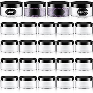 Dandat 24 Pcs Plastic Jars with Lid and Label PET Cosmetic Containers Leak Proof Empty Cosmetic Jars Refillable Storage Travel Containers for Lotion Cream Gel Powder(8 oz,Clear)