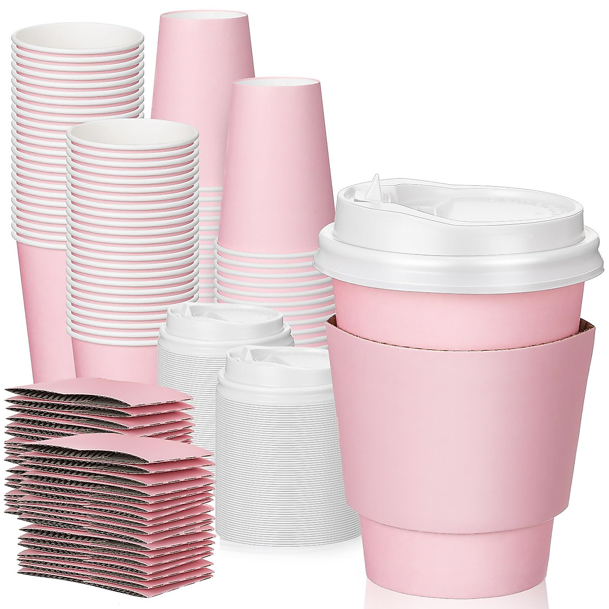 100 Pcs 12 oz Disposable Coffee Cups with Lids and Sleeves Bulk, Insulated Paper Cups Hot Chocolate Cups for Hot and Cold Beverage Water Juice Cocoa Tea Party Restaurants Travel Supplies (Pink)