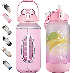 kytffu 64oz Glass Water Bottles with Straw, Half Gallon Motivational Time Marker Water Bottle Glass with Neoprene Sleeve, 2L Leakproof Large Glass Water Jug for Gym,Pink
