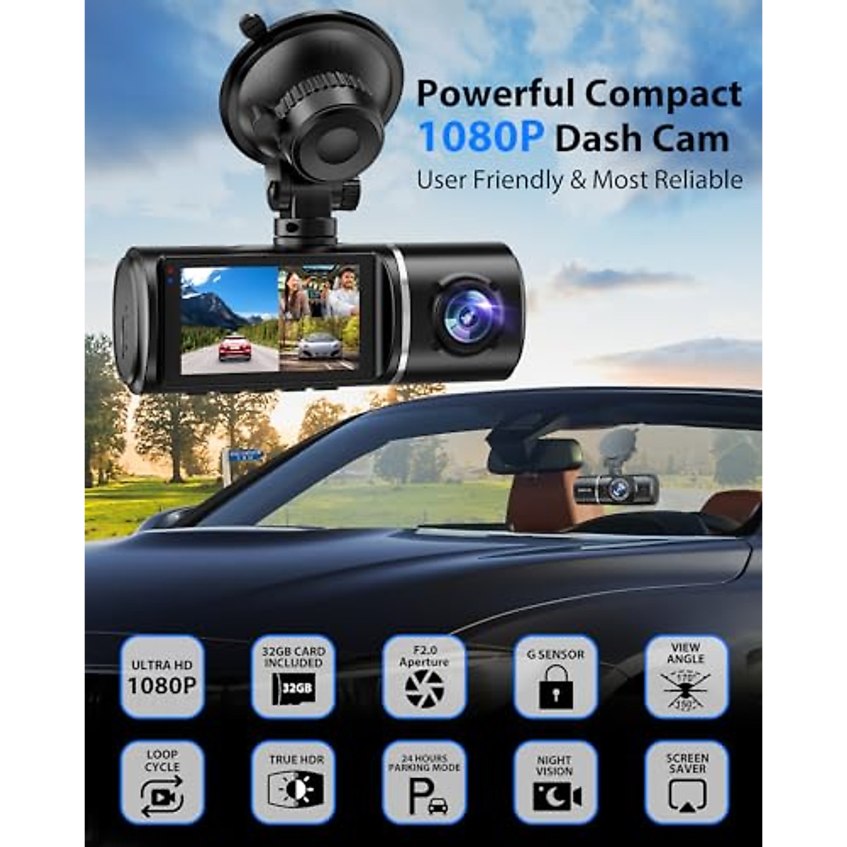 Dash Cam, 3 Channel Dash Cam, 1080P Dash Cam Front and Inside, Triple Dash Cam Front and Rear Inside, Dash Camera with 32GB Card, HDR, G-Sensor, 24Hr Parking, Loop Recording