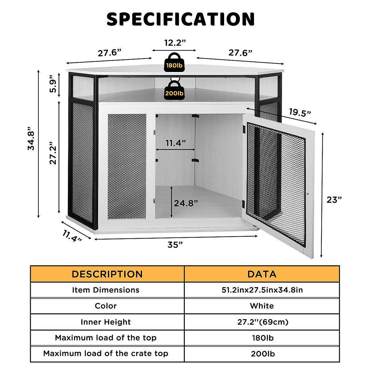 Dreamania Corner Dog Crate Furniture with Storage, 51.3" Upgraded Modern Dog Cage, End Table, Indoor Pet Crate Small Medium Large Dogs, White, Perfect for Limited Room