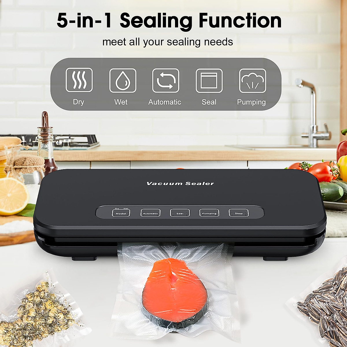 Automatic Vacuum Sealer for Food, 5-in-1 Food Saver Vacuum Sealer Machine with Vacuum Seal Bags and Roll & 1 Air Suction Hose, Food Vacuum Sealing Machine