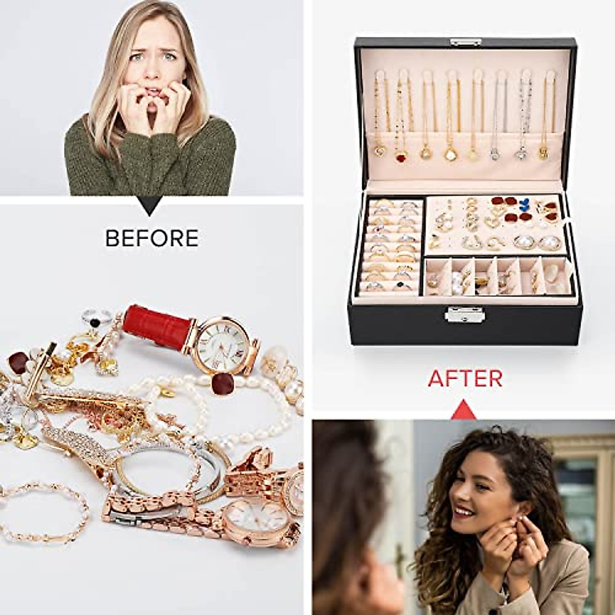 GOLVER Two Layer Jewelry Organizer for Women Girls Jewelry Box for Earring Necklaces Watch Ring Bracelet With An Extra Small Jewelry Case for Travel Black (2 Pack)