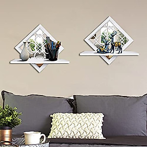 ZEXUIRU 2 Set Mirrored Shelves Wall Decor Wood Rustic Floating Shelves Geometric Diamond Shape Carving Frame Hanging Wall Art (White Set)