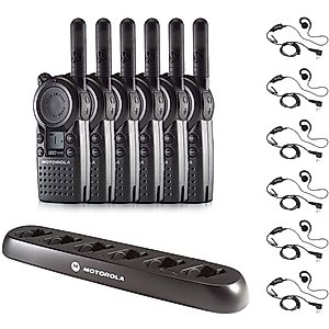 6 Pack of Motorola CLS1110 Walkie Talkie Radios with Headsets & 6-Bank Charger