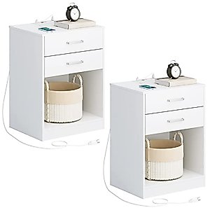 Tiptiper Nightstand Set of 2 with Charging Station, White Night Stands for Bedroom, End Table Side Stand Cabinet, Bedside Table with Drawers