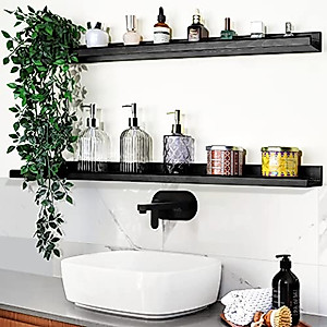 Annecy Floating Shelves Wall Mounted Set of 3, 36 Inch Black Rustic Wood Shelves for Wall, Wall Storage Shelves with Guardrail Design for Bedroom, Bathroom, Kitchen, Office, 3 Different Sizes