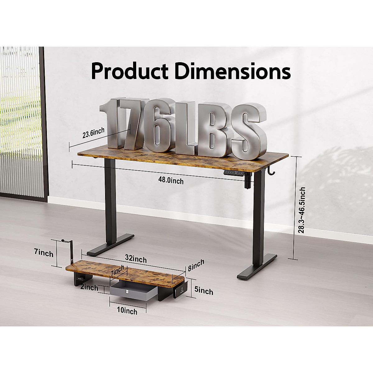 WALKINGDESK 48x24 Inches Electric Standing Desk with Drawer and Monitor Stand, Height Adjustable Stand up Desk for Home Office, Ergonomic Sit to Stand Desk with Phone Holder, 3 Hooks, Rustic Brown