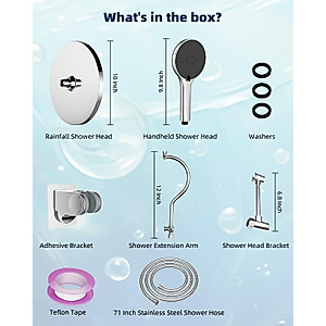 Hibbent Self-cleaning Shower Head, 10'' High Pressure Rainfall Shower Head, Showerhead Combo/Handheld Shower Head, 12'' Adjustable Curved Shower Extension Arm, 71'' Hose, 2 Shower Head Holders, Chrome