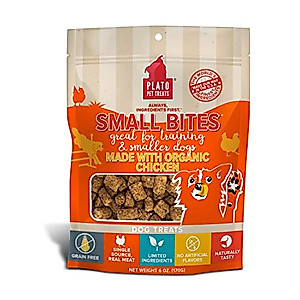 PLATO Small Bites Natural Training Dog Treats - Real Meat - Grain Free - Made in the USA - Organic Chicken Flavor, 6 ounces