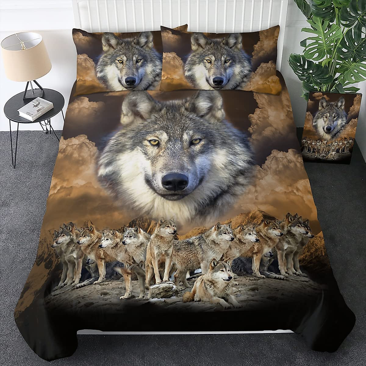 Sleepwish Gold Wolf Bedding Indian Wolf King Size Bed Set 3D Wolves Duvet Cover 3 Piece Native American Wolf Comforter Cover with 2 Pillow Cases (King)