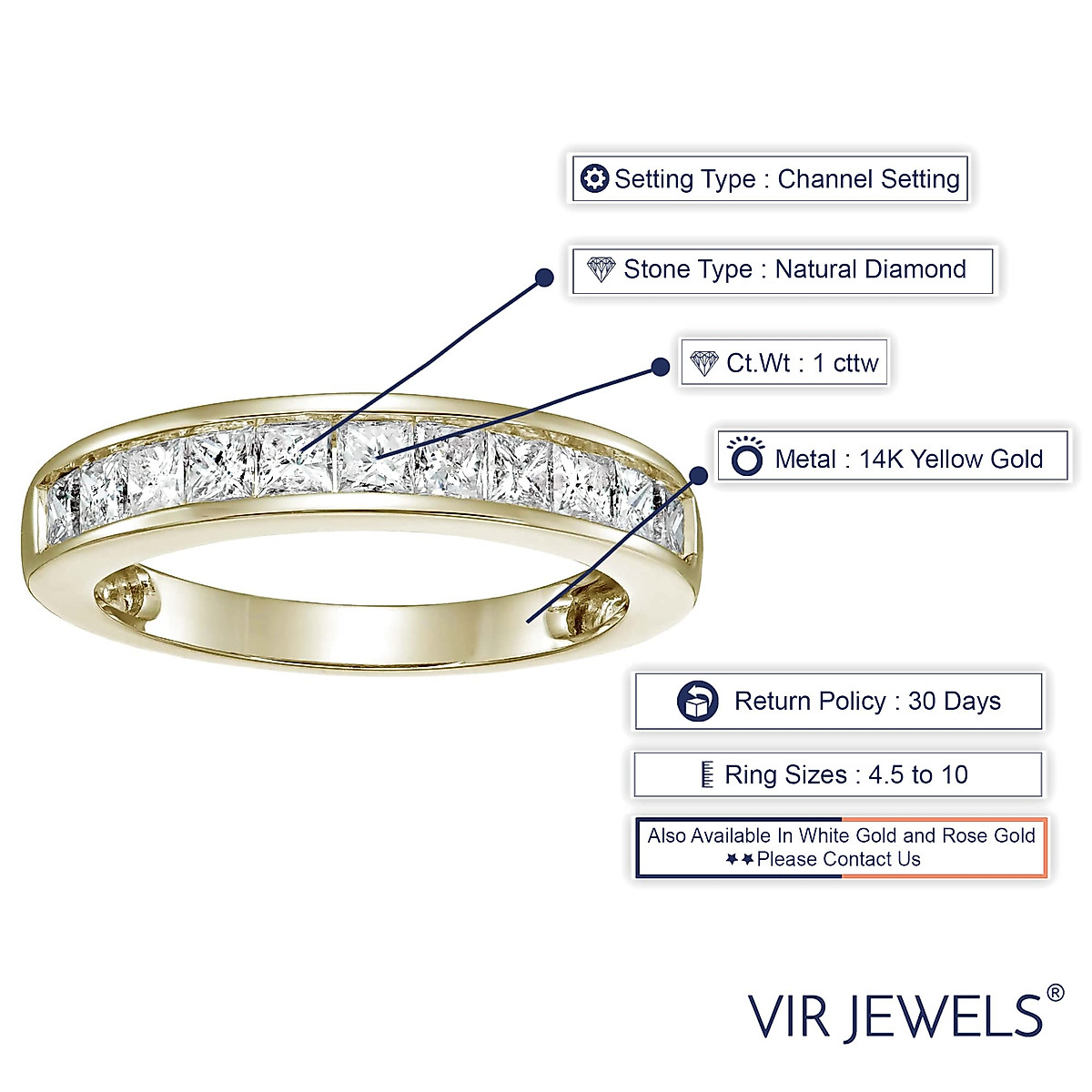 Vir Jewels 1 cttw Diamond Wedding Anniversary Band for Women Half Eternity Square Diamond Engagement Ring 14K Yellow Gold Princess Cut Channel Set Size 6