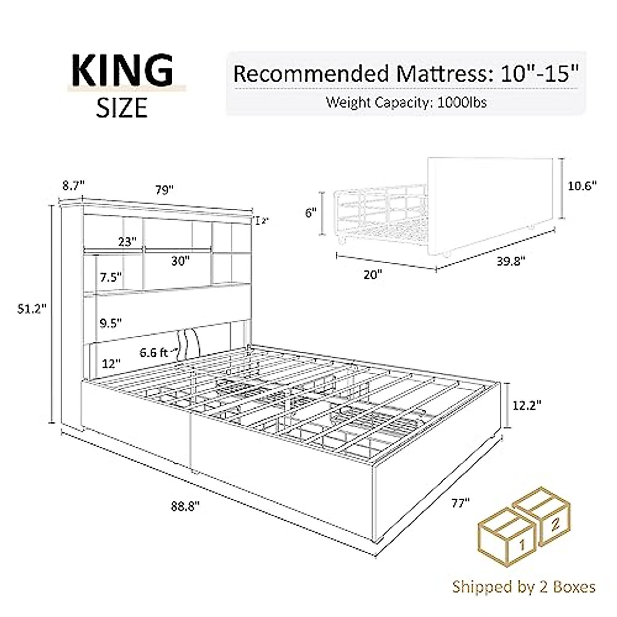 AMERLIFE King Size Bed Frame Wooden Platform Bed with 51.2'' Storage Bookcase Headboard, 4 Storage Drawers & Charging Station/No Box Spring Needed/Noise Free/Rustic Grey,WBF-142