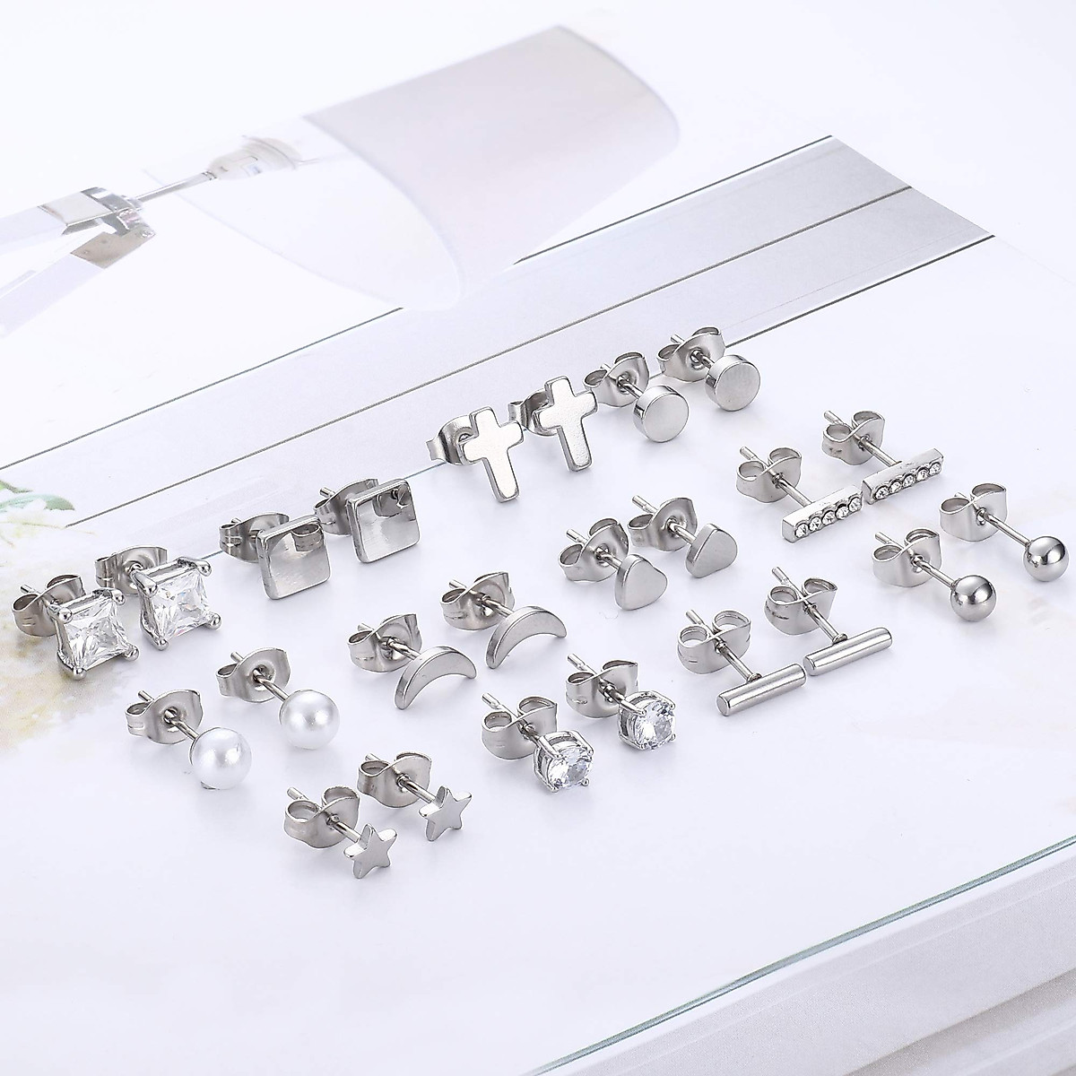 LOYALLOOK 12Pairs Stainless Steel Stud Earrings for Women Men Heart Star Moon CZ Cute Tiny Cartilage Minimalist Geometric Stud Earrings Hypoallergenic Stud Earrings Set for Multiple Piercing