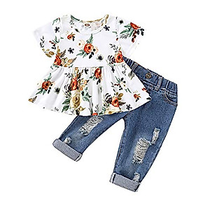 SANMIO Toddler Girl Clothes, Baby Girl Outfits Cute Floral Long Sleeve Ruffle Shirt and Jeans Pants Fall Winter Clothing Set