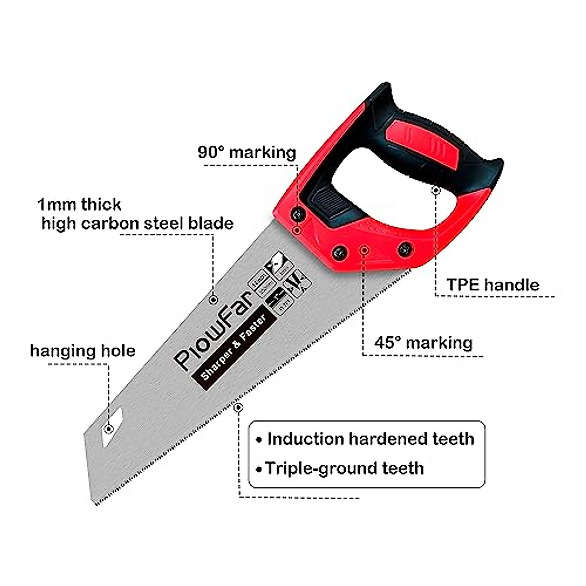 Plowfar 14 inch Hand Saw 11TPI Pro Fine Cut for Wood, Plastic Pipes, Drywall, Trees Trimming & Pruning, Sharp Manual Saw for Woodworking, Red