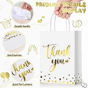 Tinlade 100 Pcs Thank You Gift Bags Bulk Paper Gold Thank You Wedding Bags with Handle for Business, Shopping, Wedding, Baby Shower, Party Favors (White)