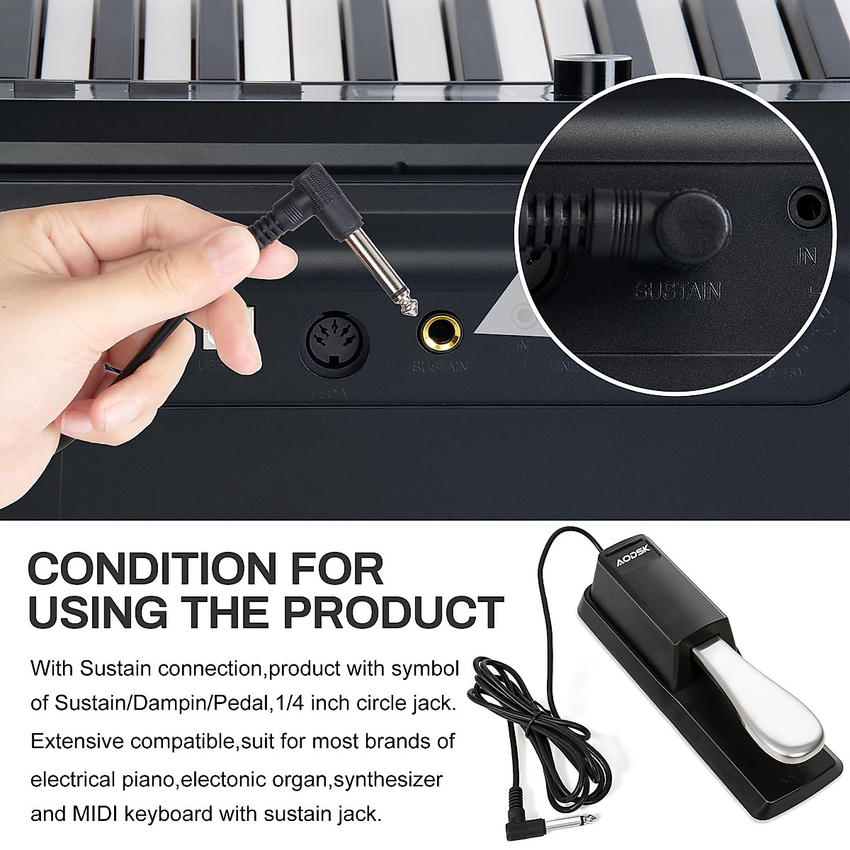 Aodsk Piano Sustain Pedal,Keyboard Sustain Pedal for Digital Piano With Polarity Switch and Anti-Slip Rubber Bottom For MIDI Keyboards,Digital Pianos,1/4'' (6.35mm) Input Plug
