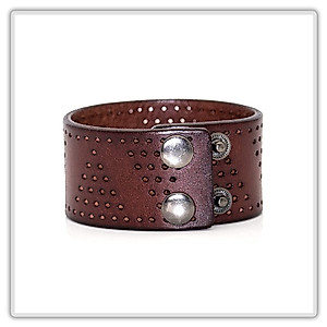 Mgutillart Punk Vintage Alloy Buckle Wristband Hollow Out Wide Leather Cuff Bracelet(Brown)