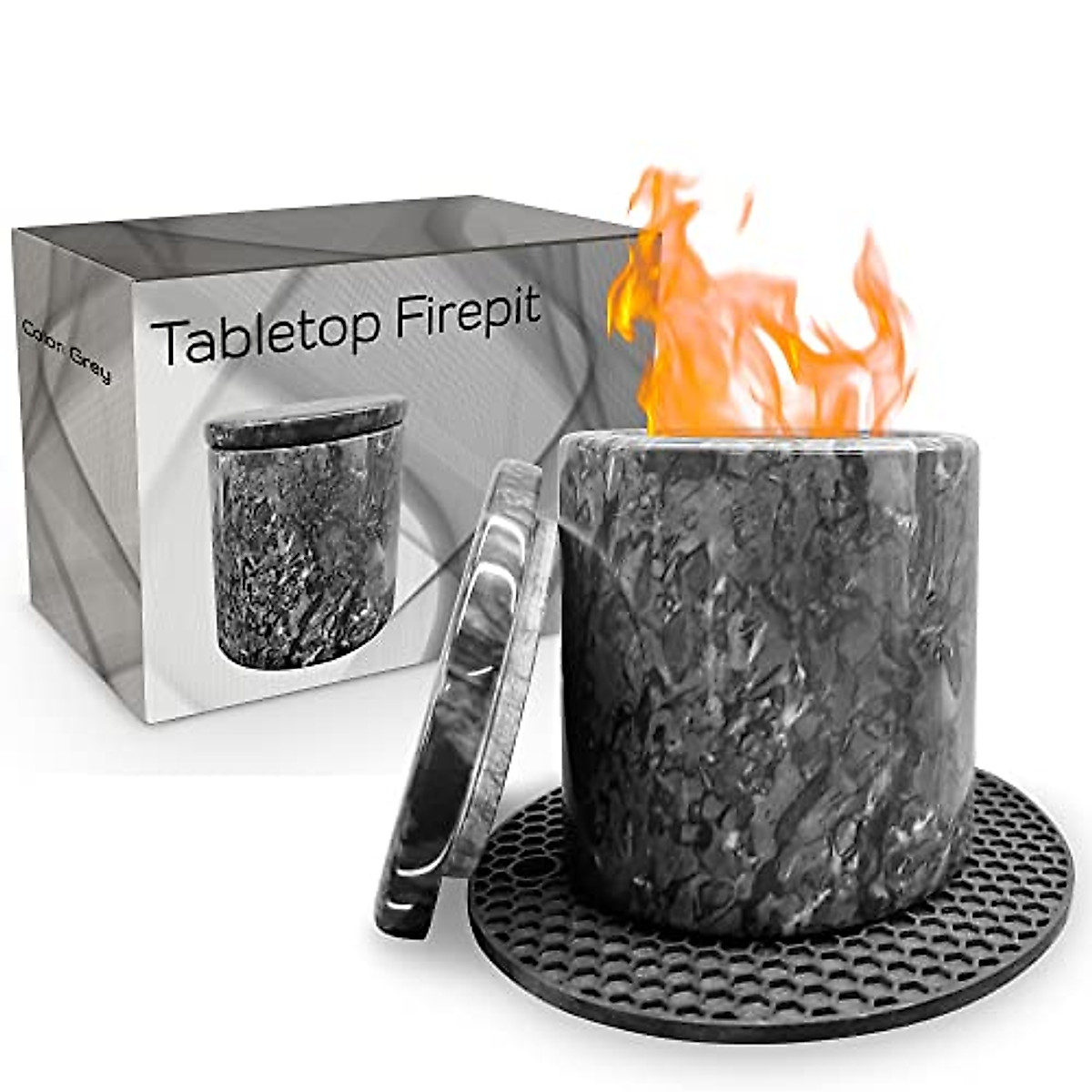 Tabletop Marble Firepit Bowl with Lid and Silicone Mat - Perfect for Indoor and Outdoor Gatherings, Patio Parties, Garden Décor, Camping Trips - Durable and Stylish Design with Natural Stone Finish