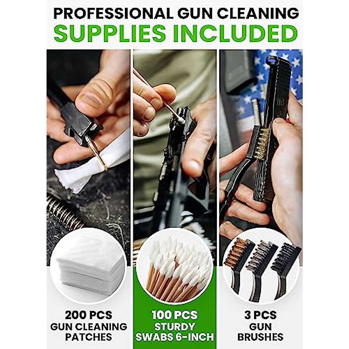Universal Gun Cleaning Kit for All Guns 63pcs - Portable Gun Cleaning Kits for Handguns and Rifles, Shotgun, Airsoft - Incl. Stainless Steel Rods, Brass Jags, Gun Cleaning Patches, Cleaning Swabs