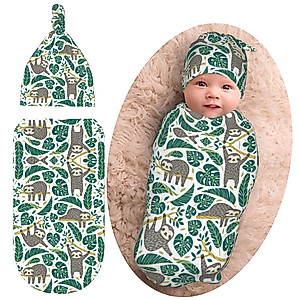 Cute Sloth Baby Stuff New Born Baby Swaddle Blanket Soft and Stretchy Wrap Baby Swaddle Sack for Infant Boy Girl Gifts with Beanie Hat Sets
