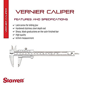 Starrett Vernier Caliper with Hardened Stainless Steel Depth Rod, Lock Screw and Sharp, Black Graduations - Metric, English, 0-6" Range, 001" Graduations - 125MEA-6/150