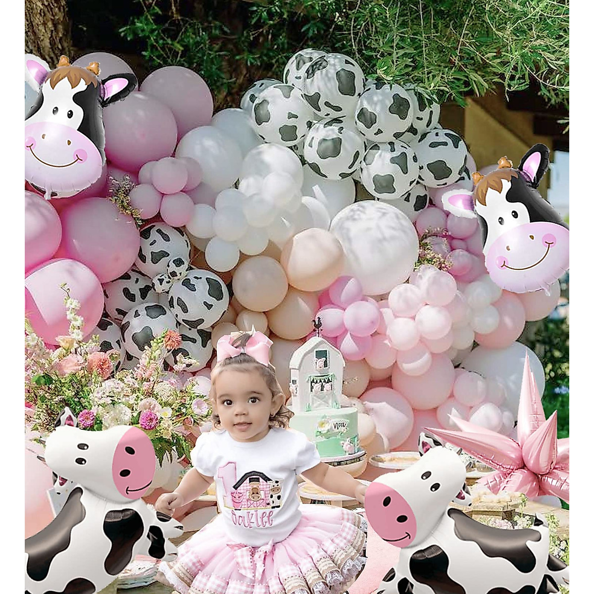 Pink Cow Balloon Garland Kit Cow Print and Pastel Pink White Tan Cowgirl Balloons for Girl my first rodeo birthday party decorations holy cow im one supplies