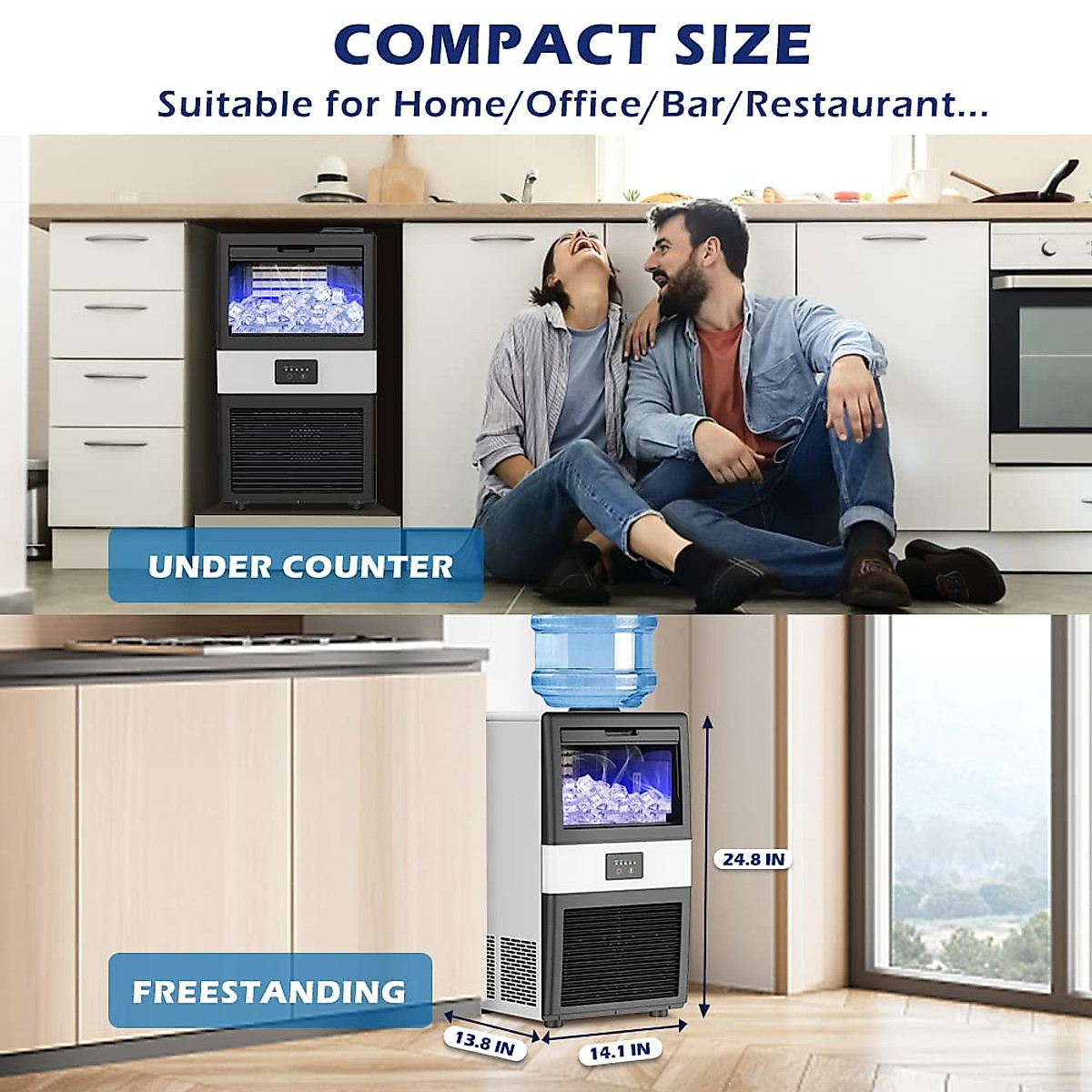 Commercial Ice Maker Machine, 70 LBS/24H Under Counter Large Ice Machine w/ 10 LBS Capacity Ice Storage Bin, 2 Water Inlet Modes, Freestanding & Built in Ice Maker for Bar/Home/Office/Shop, White