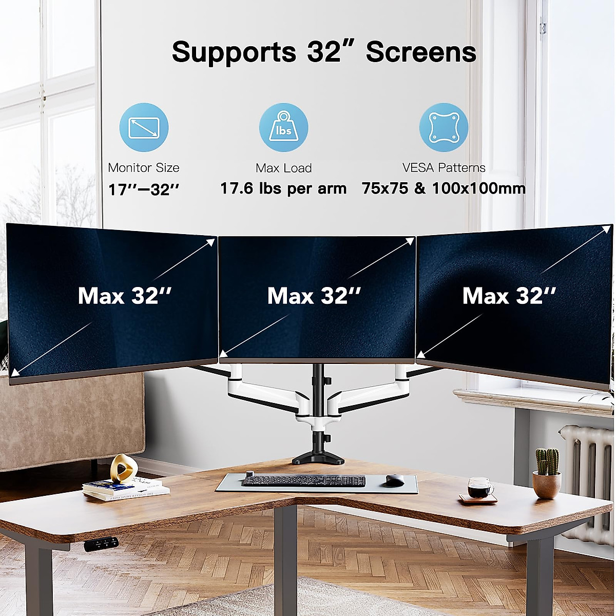 HUANUO Triple Monitor Stand - Full Motion Articulating Gas Spring Monitor Mount Fit Three 17 to 32 inch LCD Computer Screens with Clamp, Grommet Kit