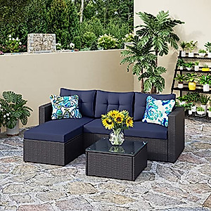 PHI VILLA 77" Wide Outdoor Rattan Sectional Sofa with Cushions - Small Patio Wicker Furniture Set (3 - Person Seating Group, Navy Blue)