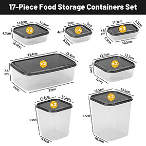 34Pcs Food Storage Containers with Lids (17 Containers and 17 Lids), Salad Dressing Condiment Leftover Lunch Box, Reusable Plastic Freezer Containers Microwave Dishwasher Safe (7 Assorted Size, Grey)